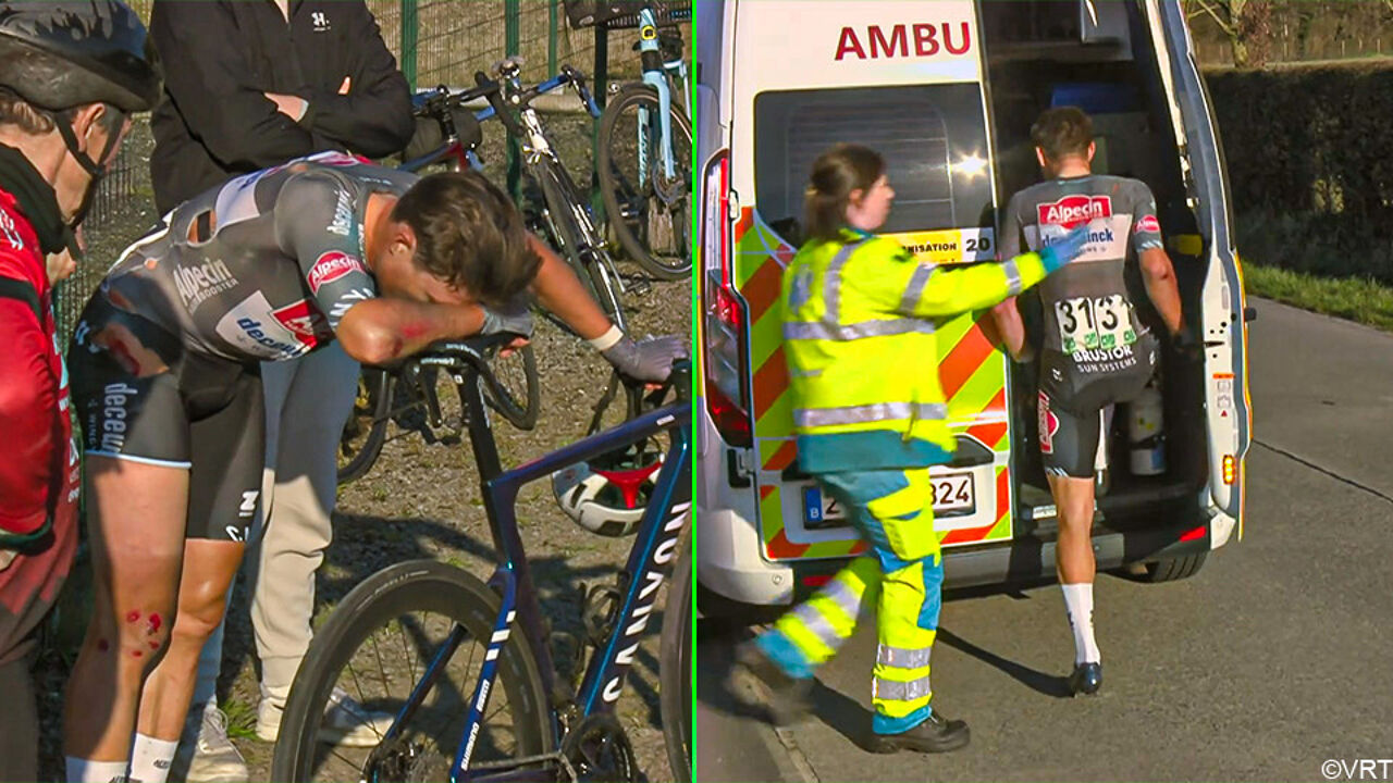 Jasper Philipsen komt zwaar ten val in Nokere en stapt ziekenwagen in ...