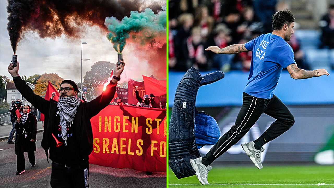 Pro-Palestijns protest van Noorse voetbalfans bij Noorwegen-Israël, man ...