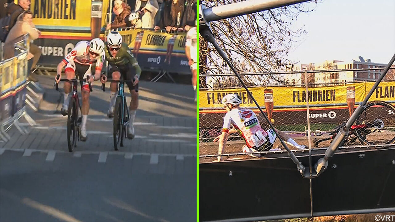 Michael Vanthourenhout en Ryan Kamp wijzen naar elkaar na verbeten ...